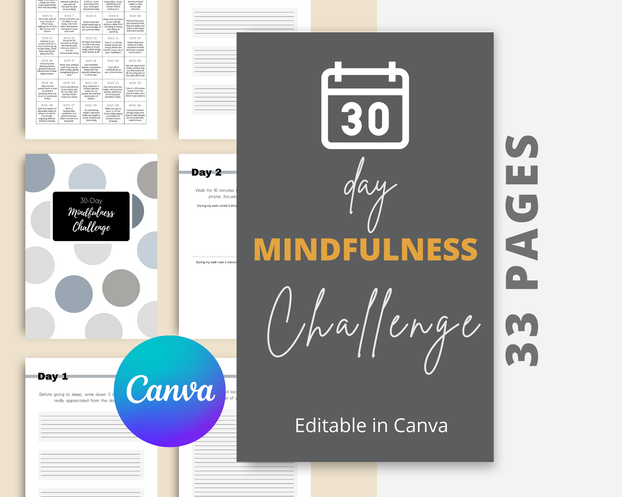 30-Day Mindfulness Challenge | Editable Canva Template A4 Size
