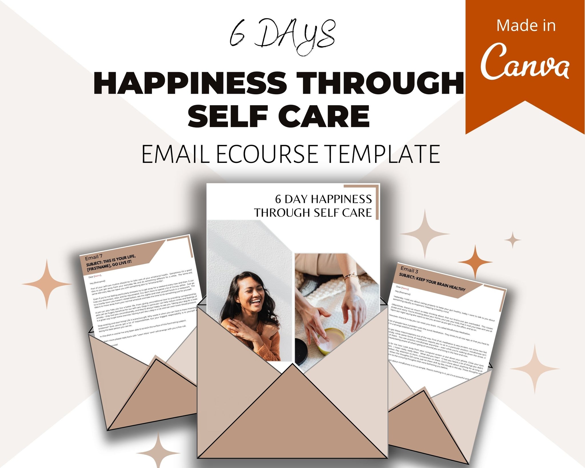 Editable 6 Day Happiness Through Self Care Emails | Rebrandable Newsle