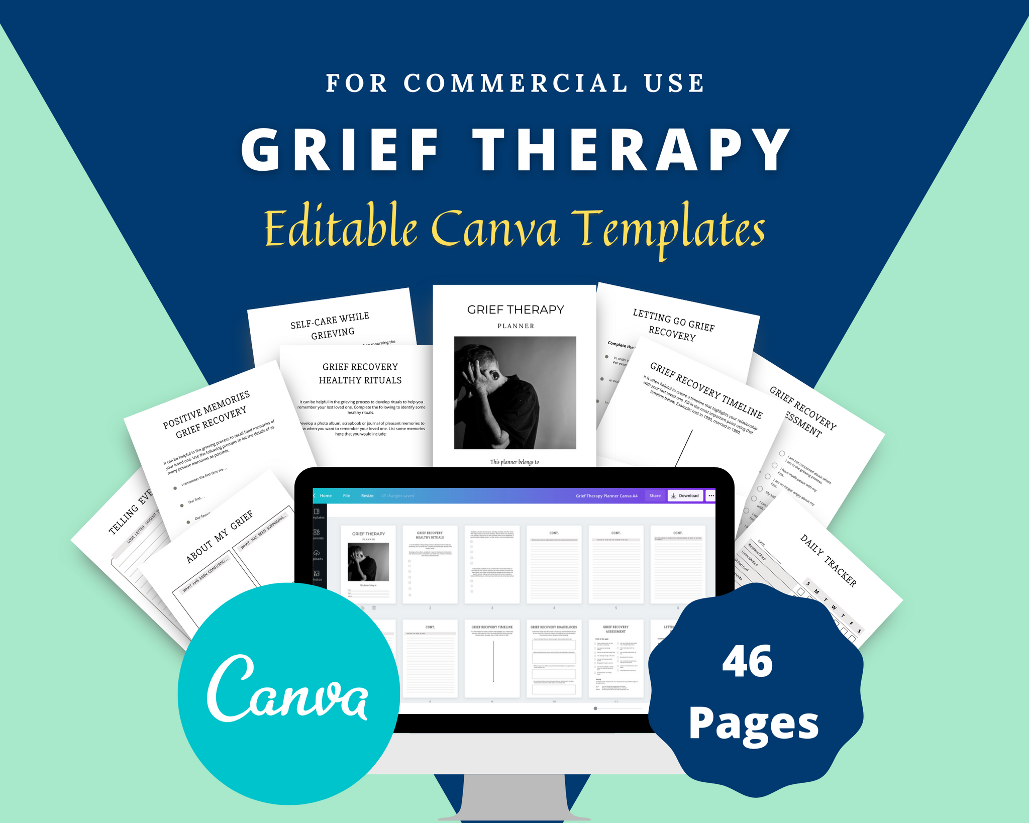 Editable Grief Therapy Planner in Canva | Commercial Use