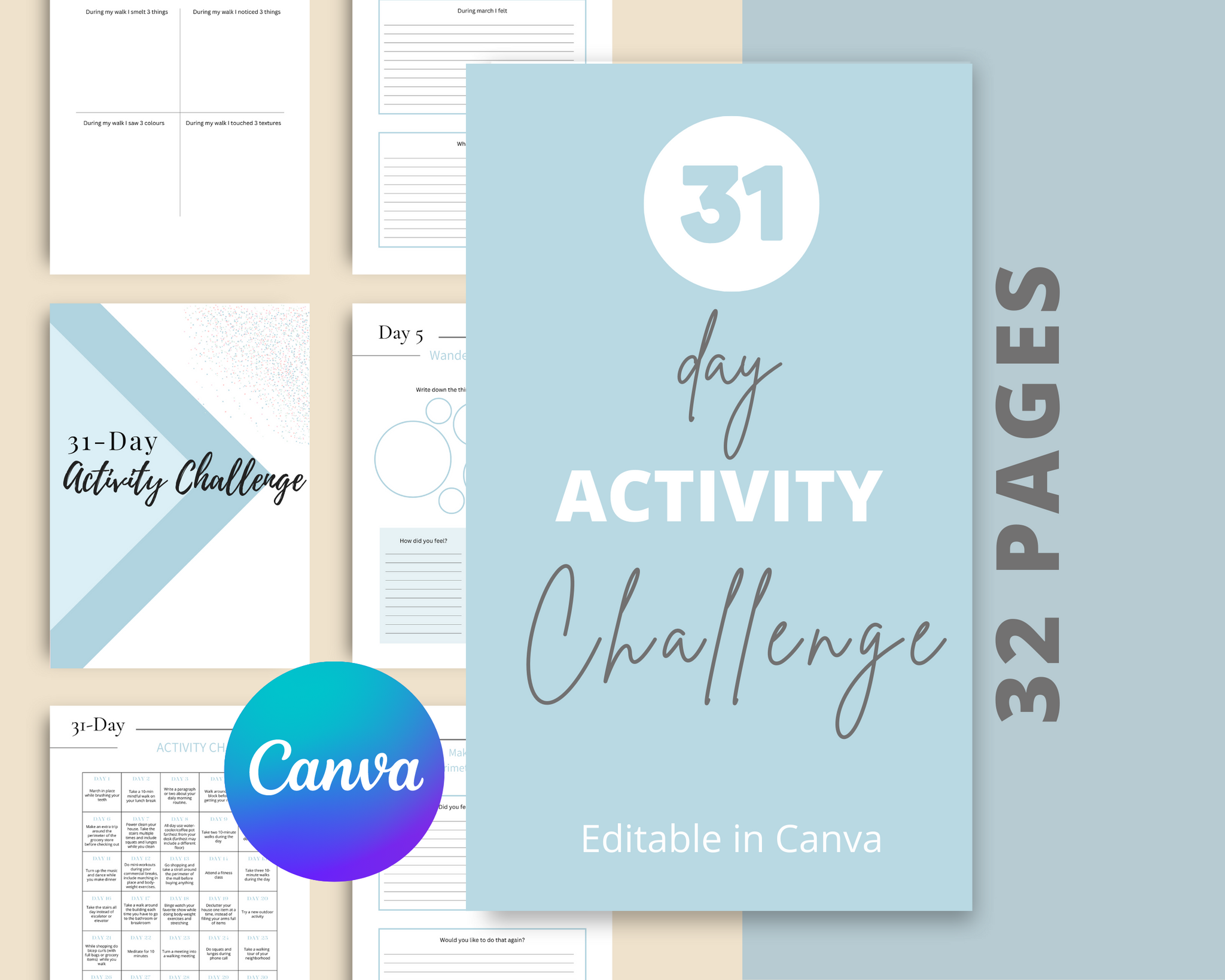 31-Day Activity Challenge | Editable Canva Template A4 Size